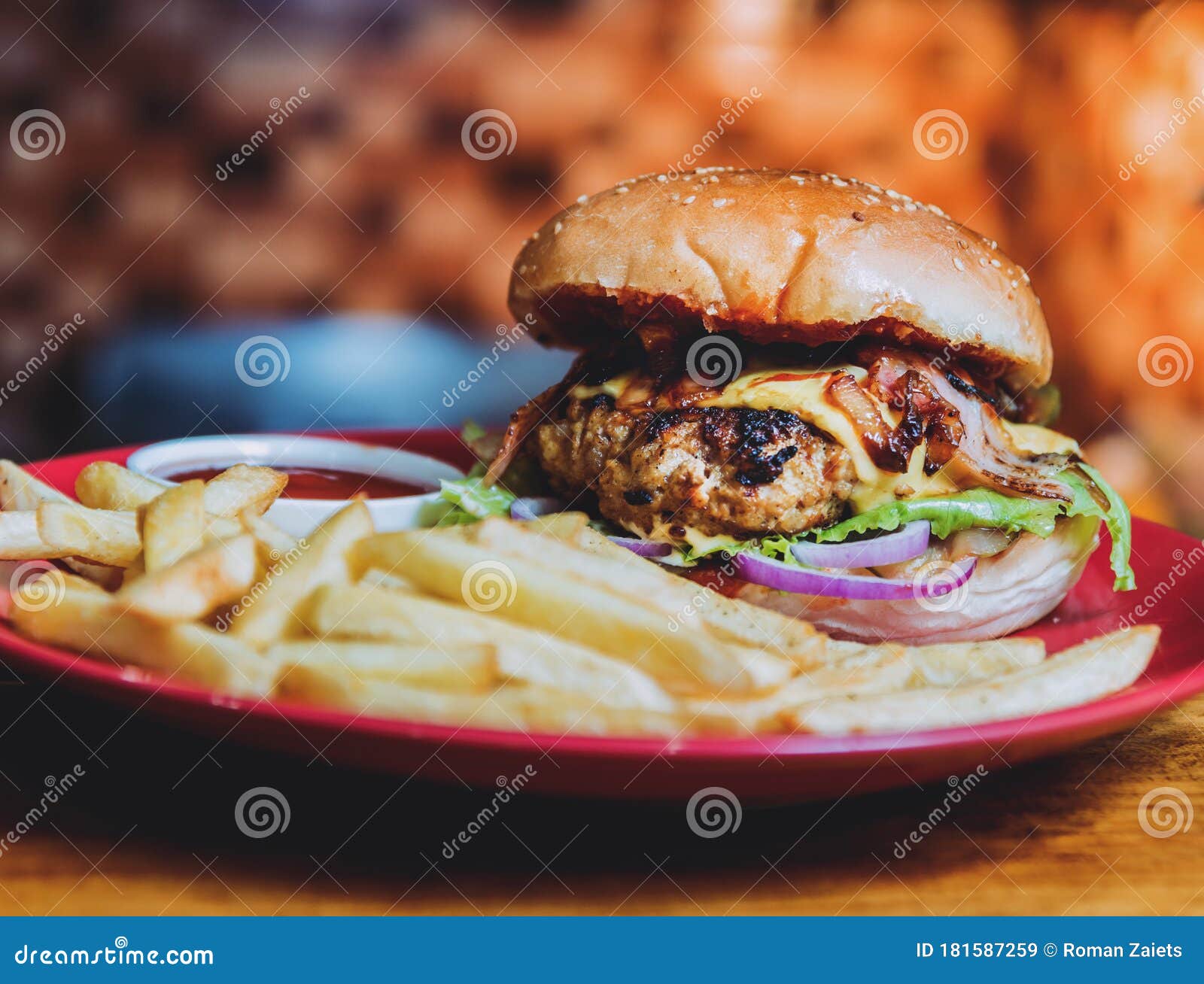Big Cheeseburger and Chips on a Plate. Stock Image - Image of people ...