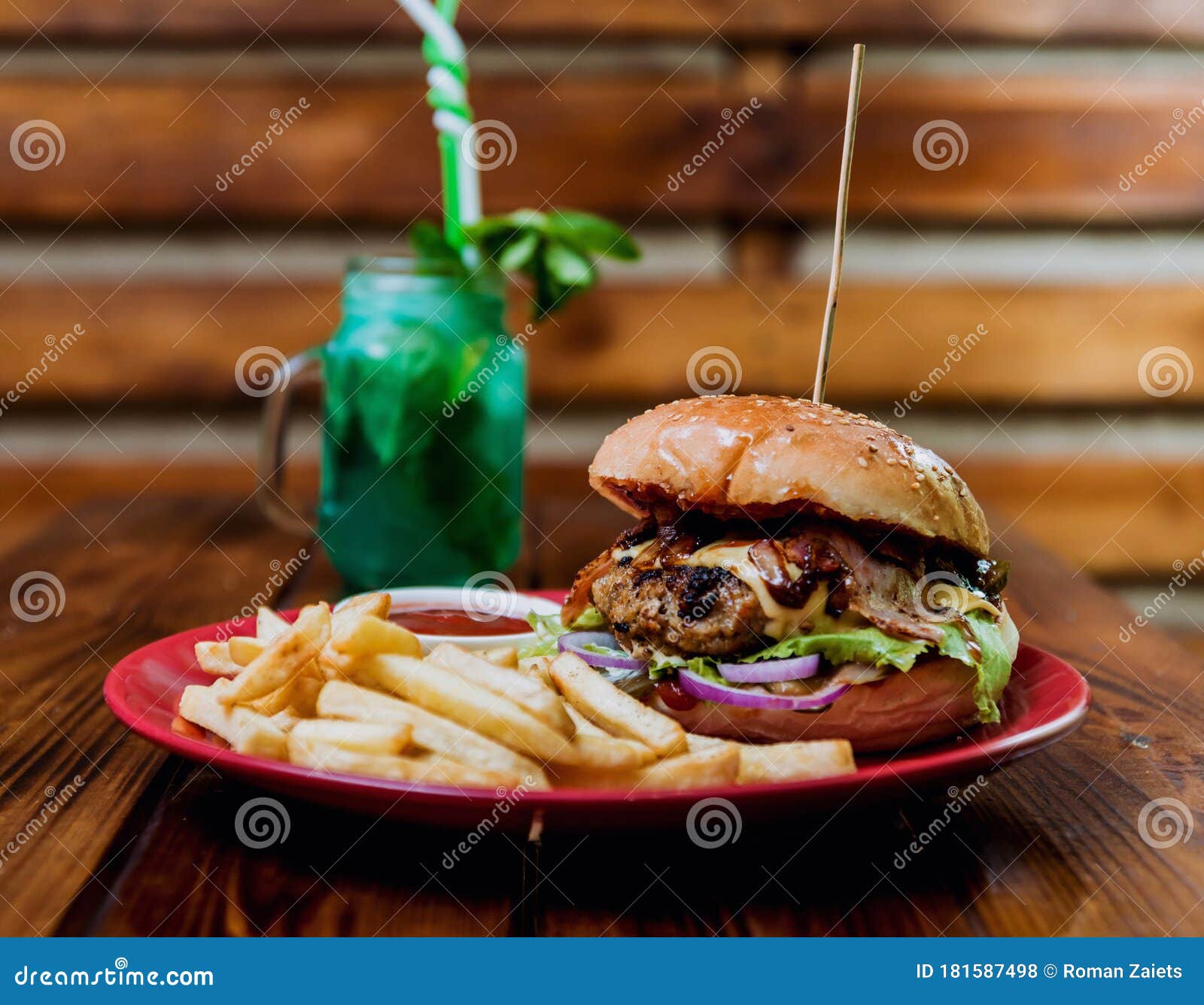 Big Cheeseburger and Chips on a Plate. Stock Photo - Image of hipster ...