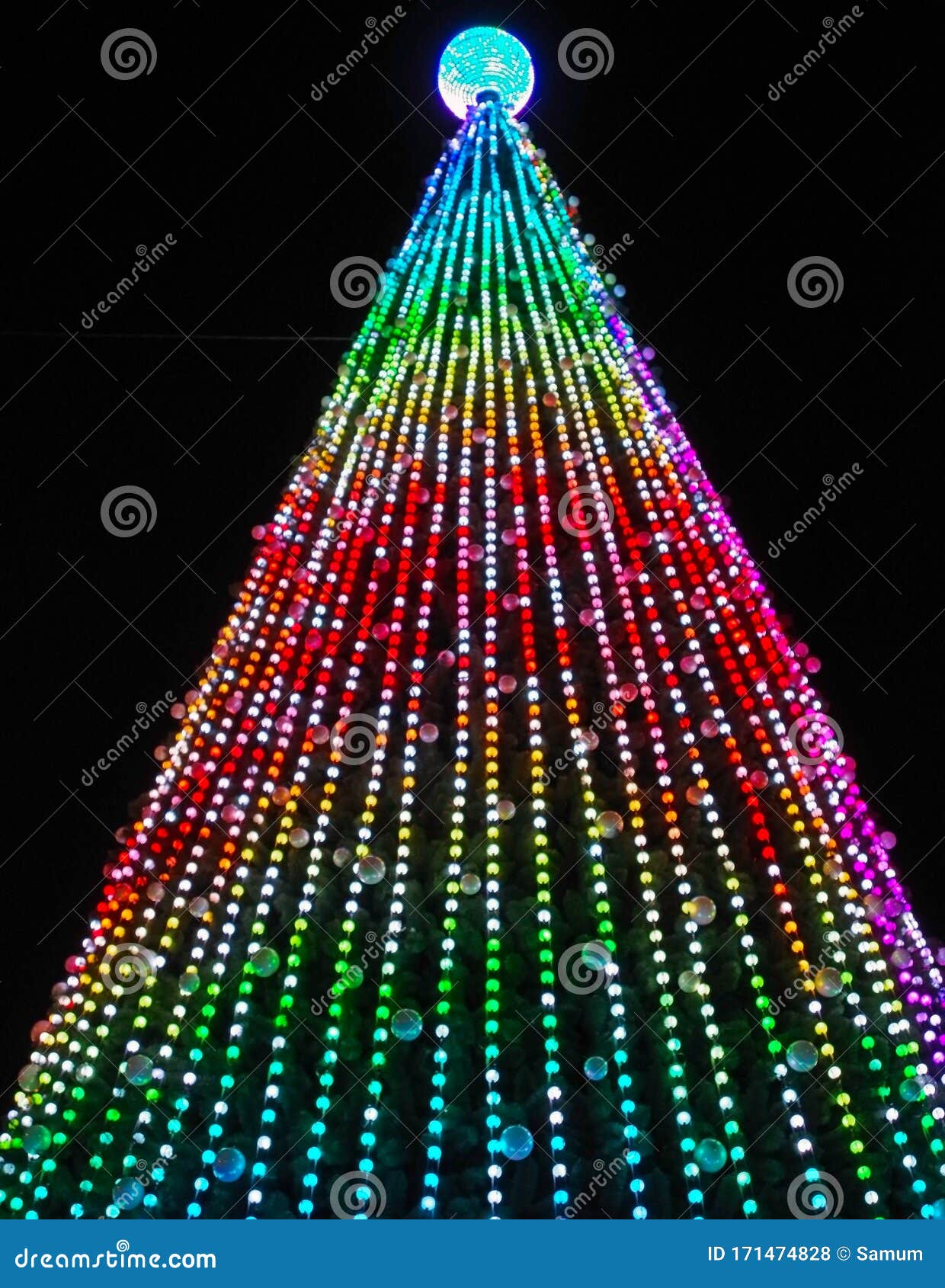 Big Christmas Tree Decorated with Colorful Lights Stock Photo - Image ...