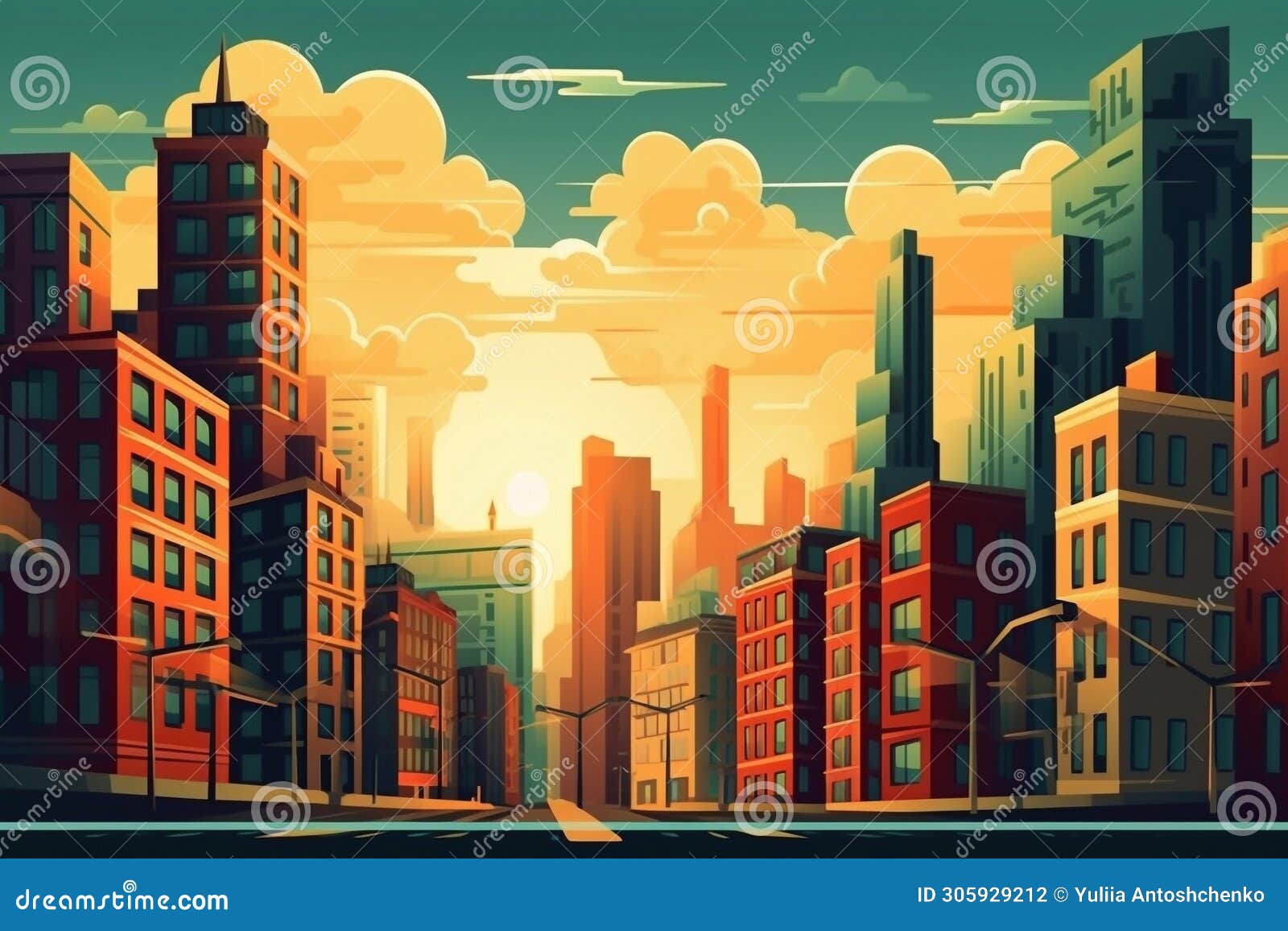 Big City Landscape in Cartoon Style Stock Illustration - Illustration ...