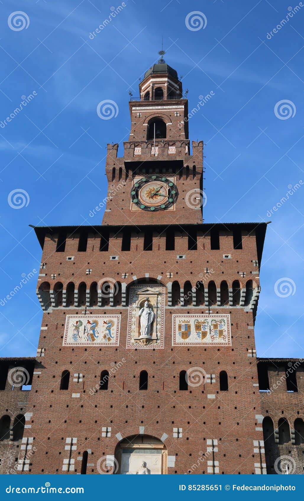 Big Clock Tower of Castle Called Castello Sforzesco in Milan Stock ...