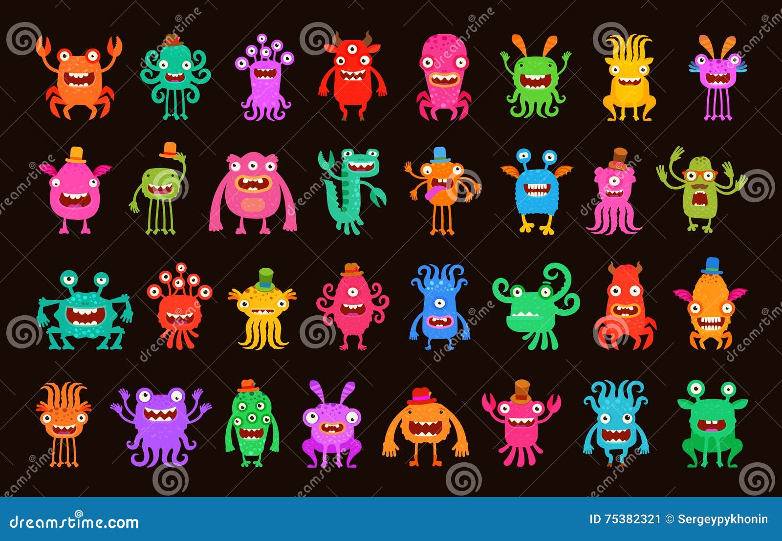 Funny Monsters Characters Doodle Set Vector Handdrawn Illustration