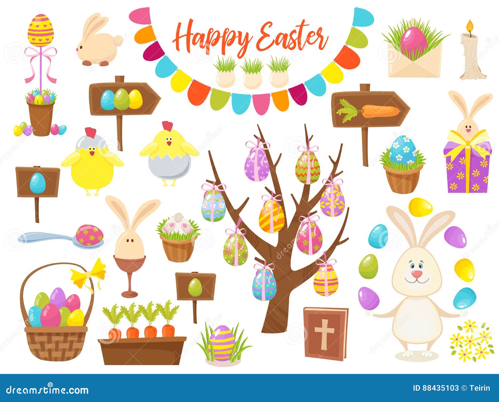 Big Collection of Happy Easter Objects. Flat Design Vector Illustration ...