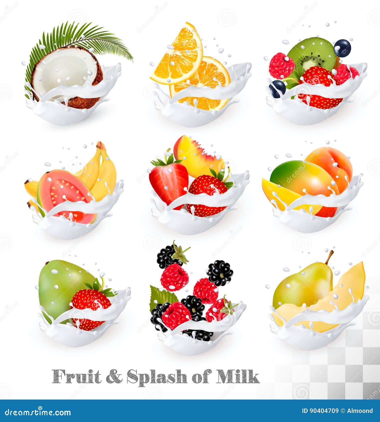 Big Collection Icons of Fruit in a Milk Splash. Stock Vector ...