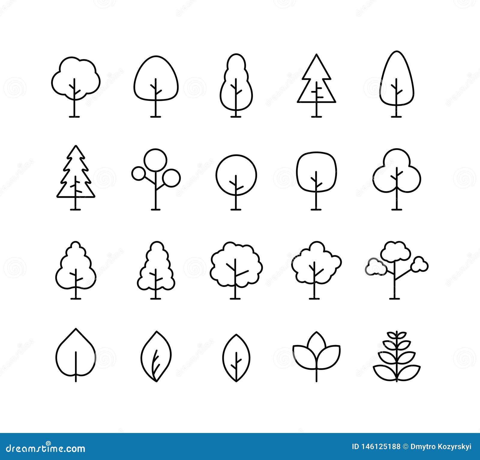 Collection Of Tree Illustrations From Above. Circular Outline Style ...