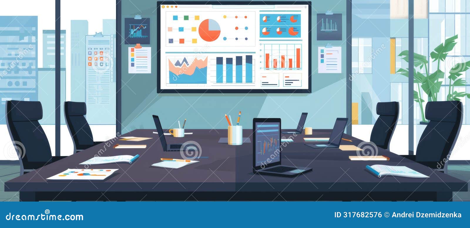 Big Conference Table with Documents and Laptops on it, and a Big TV ...