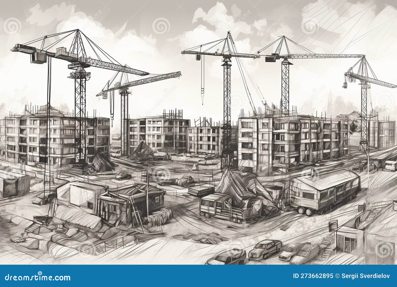 Big Construction Site with Cranes in a Sketch Style, Which May Evoke a ...
