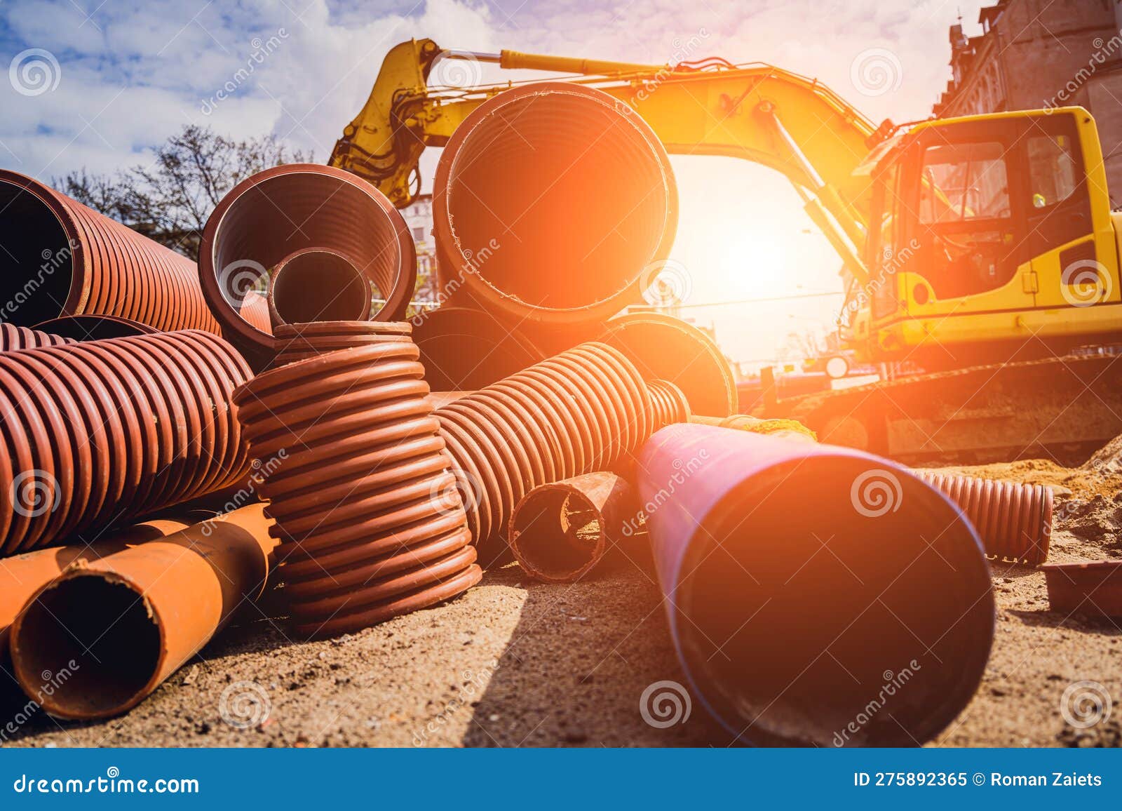 Big Construction Site with Pipes and Wires in the Construction Area ...