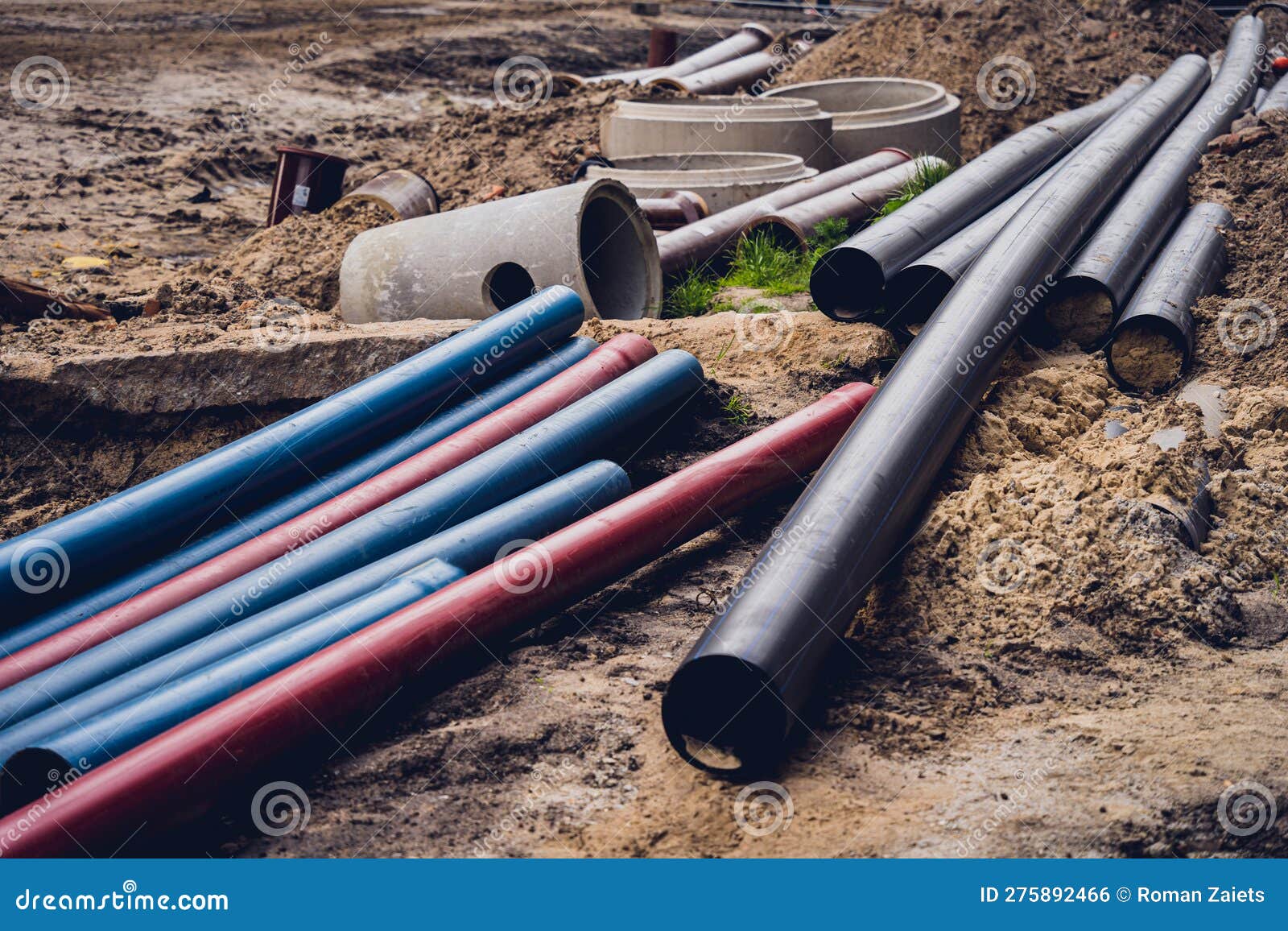 Big Construction Site with Pipes and Wires in the Construction Area ...