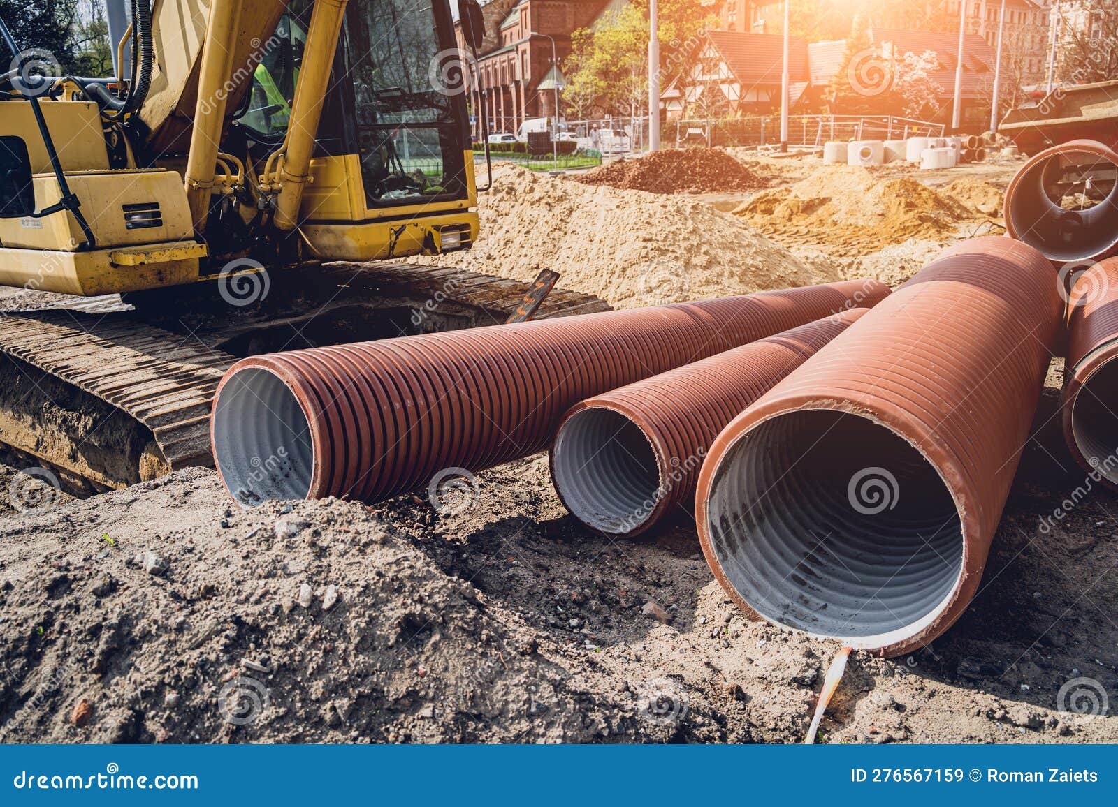 Big Construction Site with Pipes and Wires in the Construction Area ...