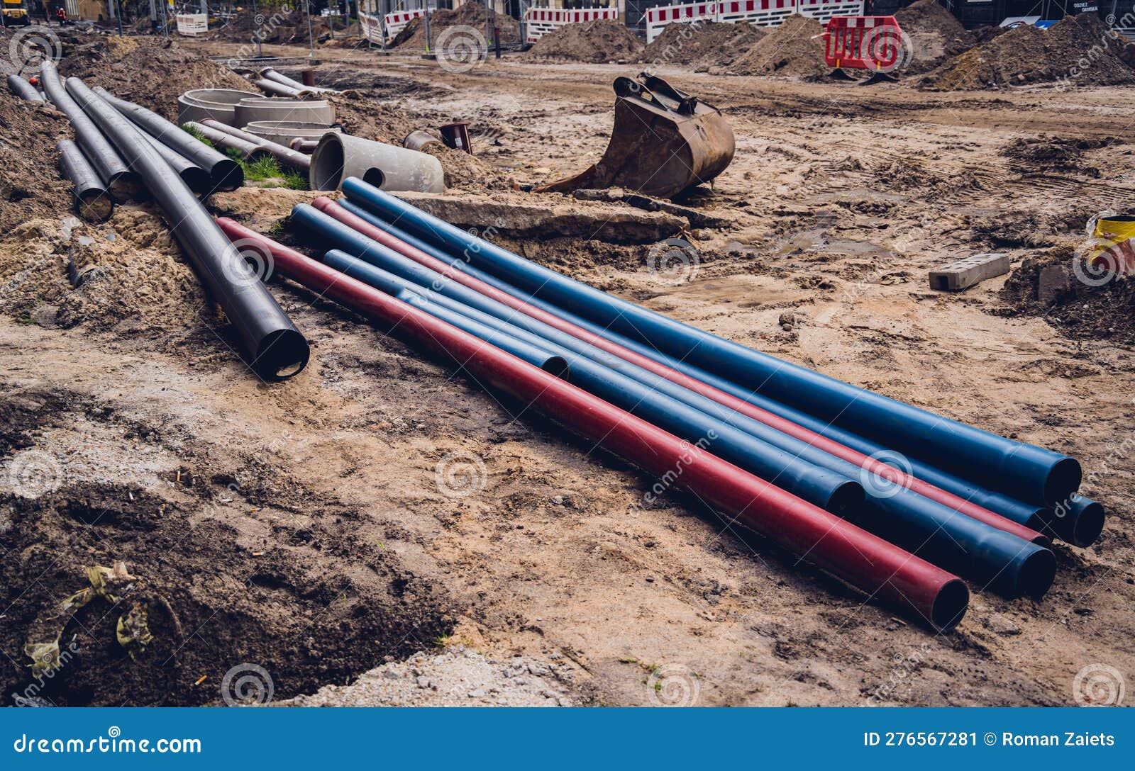 Big Construction Site with Pipes and Wires in the Construction Area ...