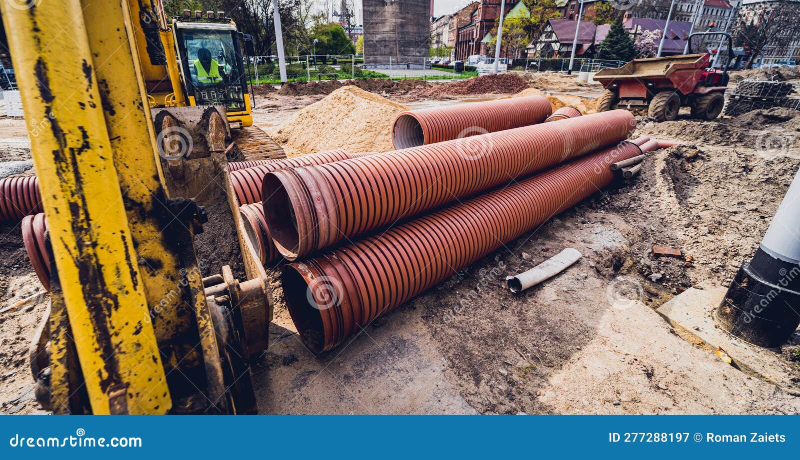 Big Construction Site with Pipes and Wires in the Construction Area ...