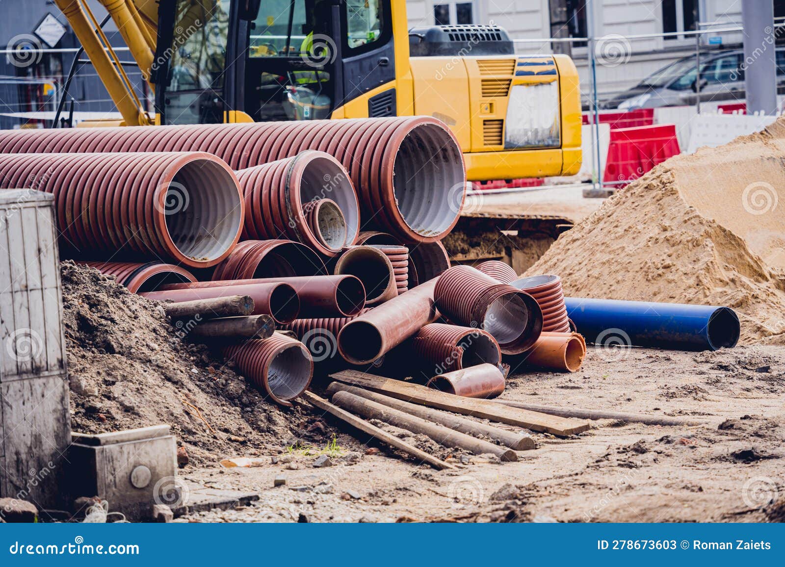 Big Construction Site with Pipes and Wires in the Construction Area ...