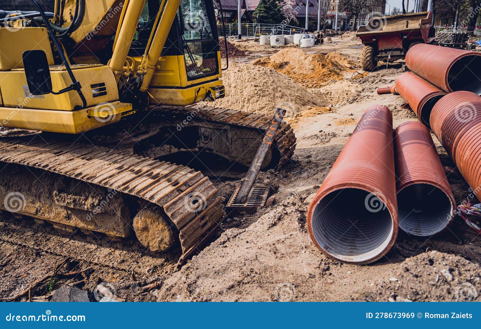 Big Construction Site with Pipes and Wires in the Construction Area ...
