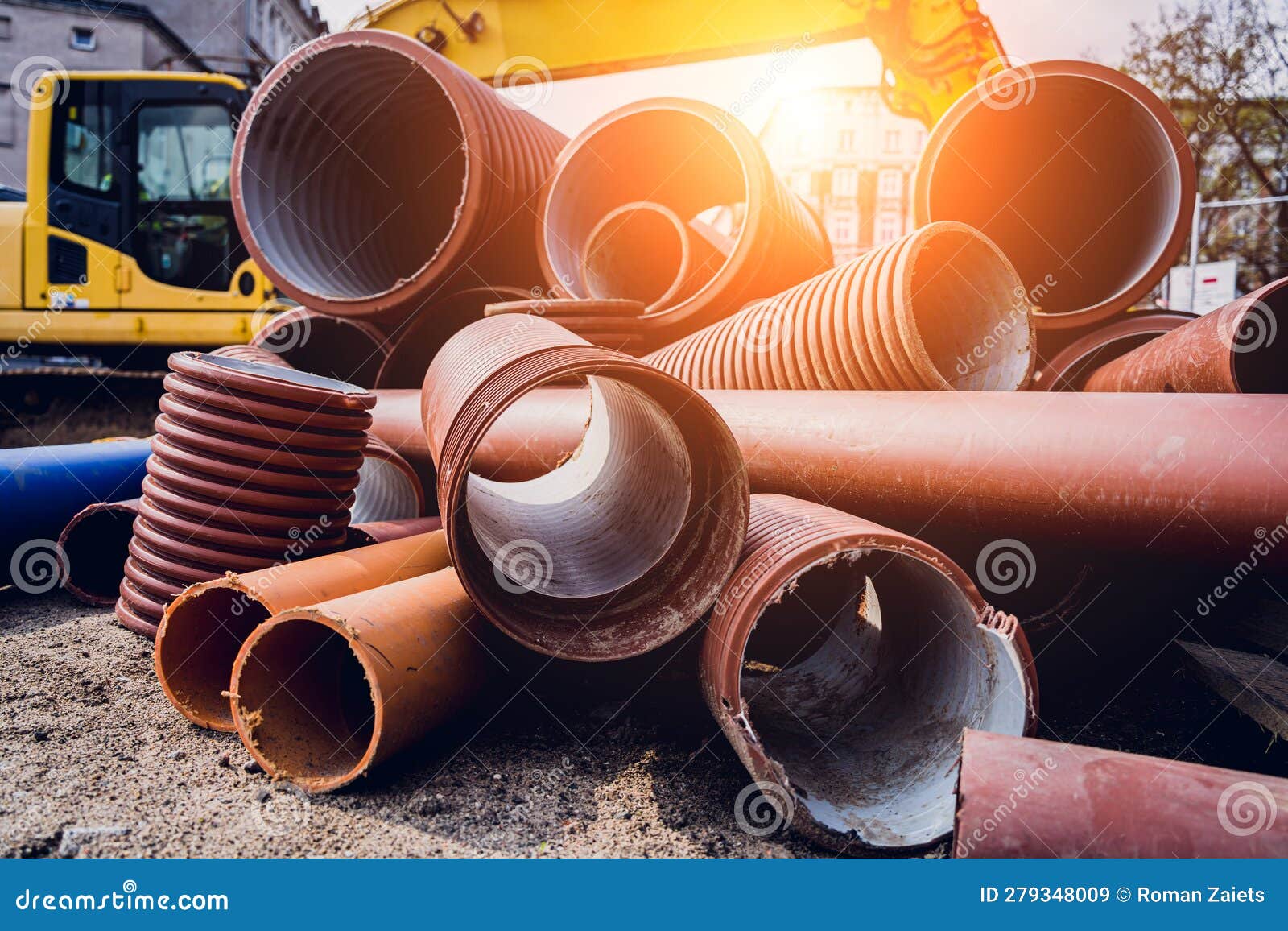 Big Construction Site with Pipes and Wires in the Construction Area ...