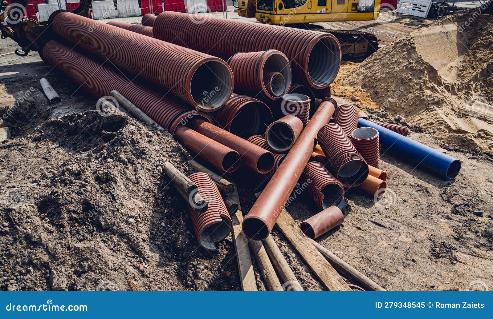 Big Construction Site with Pipes and Wires in the Construction Area ...