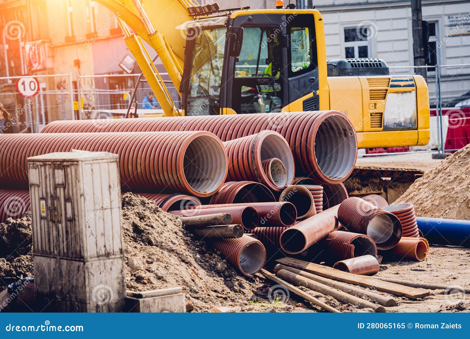 Big Construction Site with Pipes and Wires in the Construction Area ...