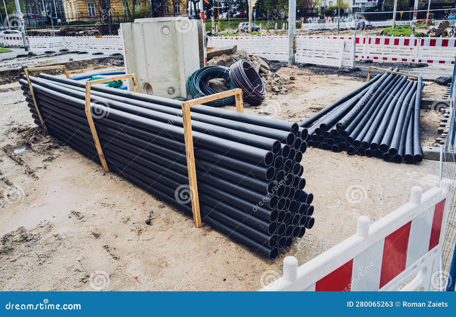 Big Construction Site with Pipes and Wires in the Construction Area ...