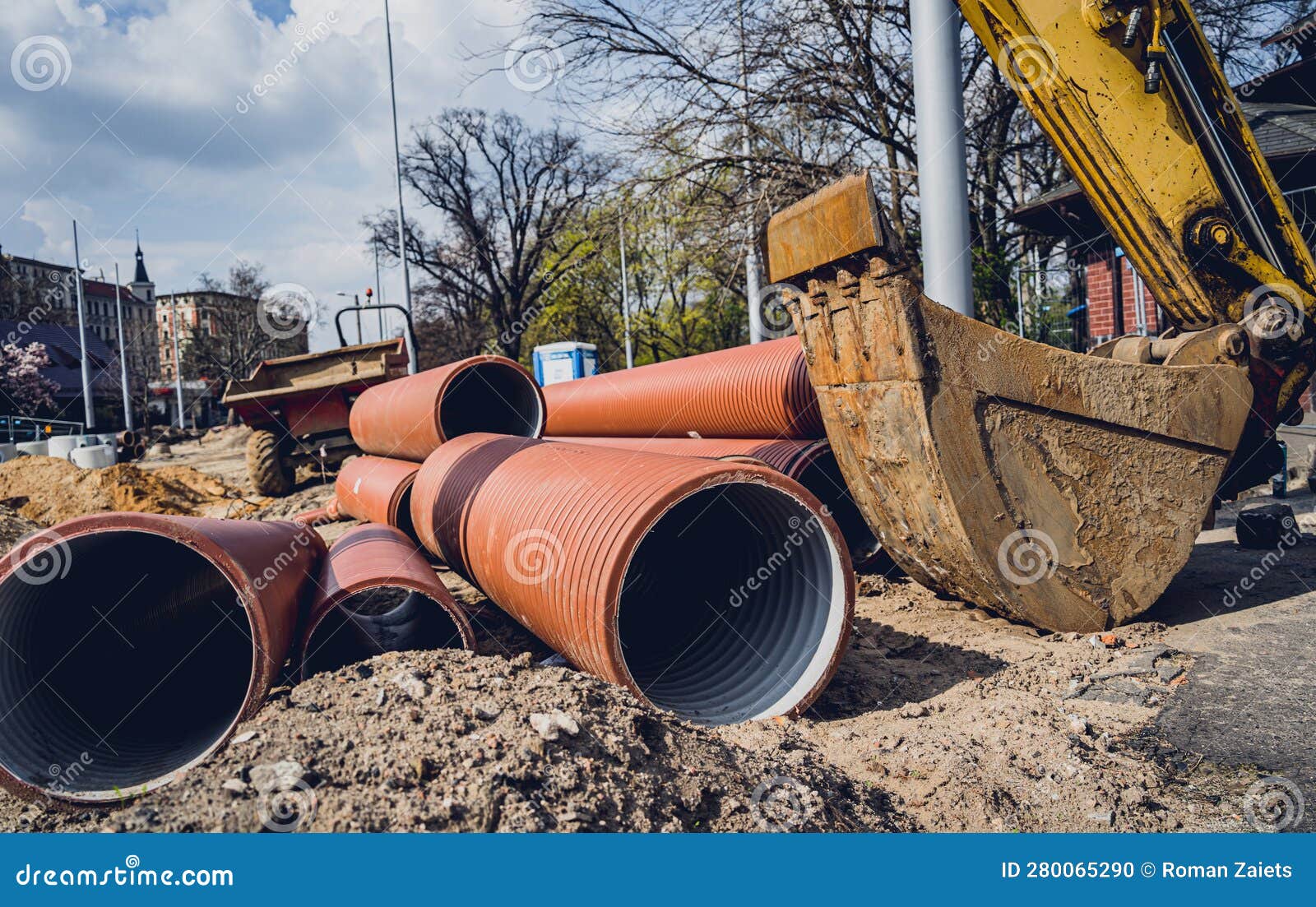 Big Construction Site with Pipes and Wires in the Construction Area ...