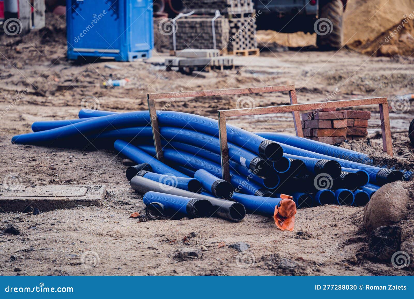 Big Construction Site with Pipes and Wires in the Construction Area ...