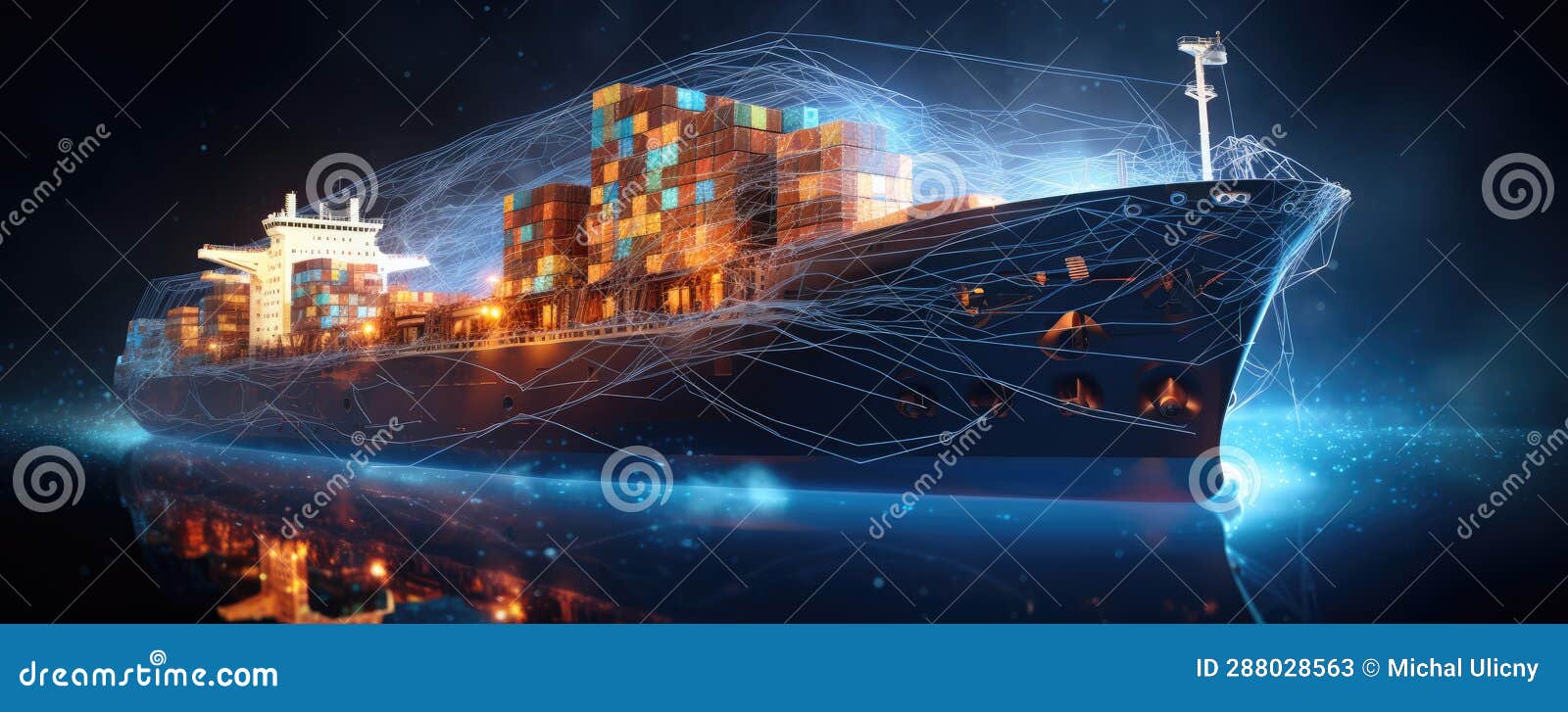 Big Container Ship with Neon Blue Lights in the Night. Import Export ...