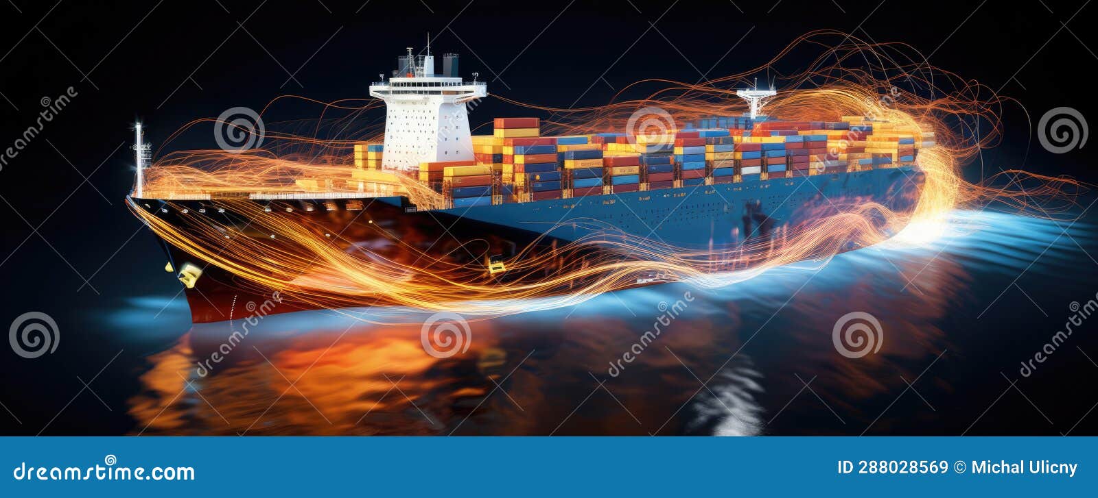 Big Container Ship with Neon Blue Lights in the Night. Import Export ...