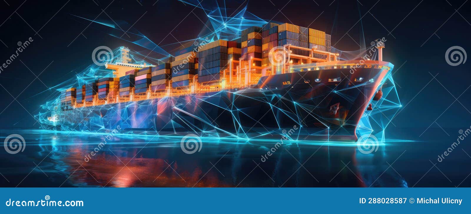 Big Container Ship with Neon Blue Lights in the Night. Import Export ...