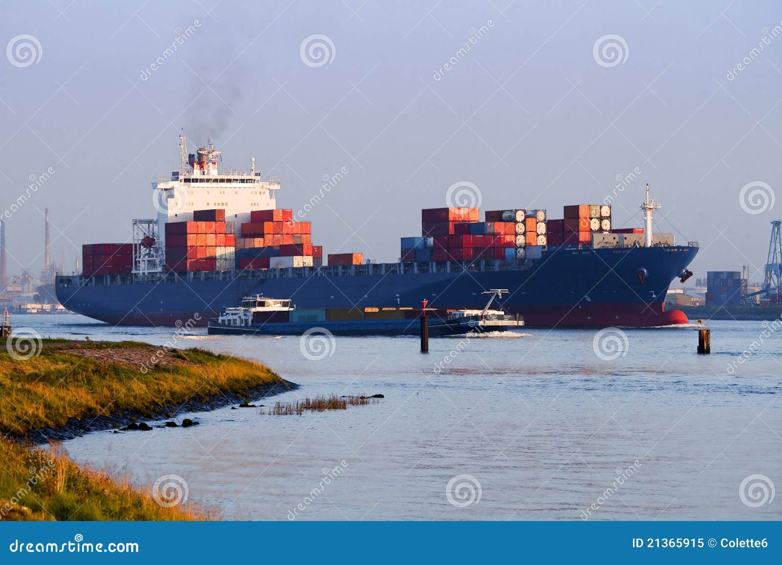 Big Container Ship on the River Stock Image - Image of merchandise ...