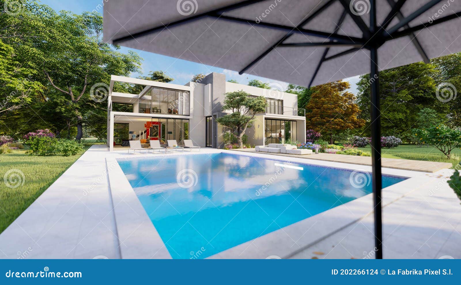 Big Contemporary Villa Pool Side View Stock Illustration - Illustration ...