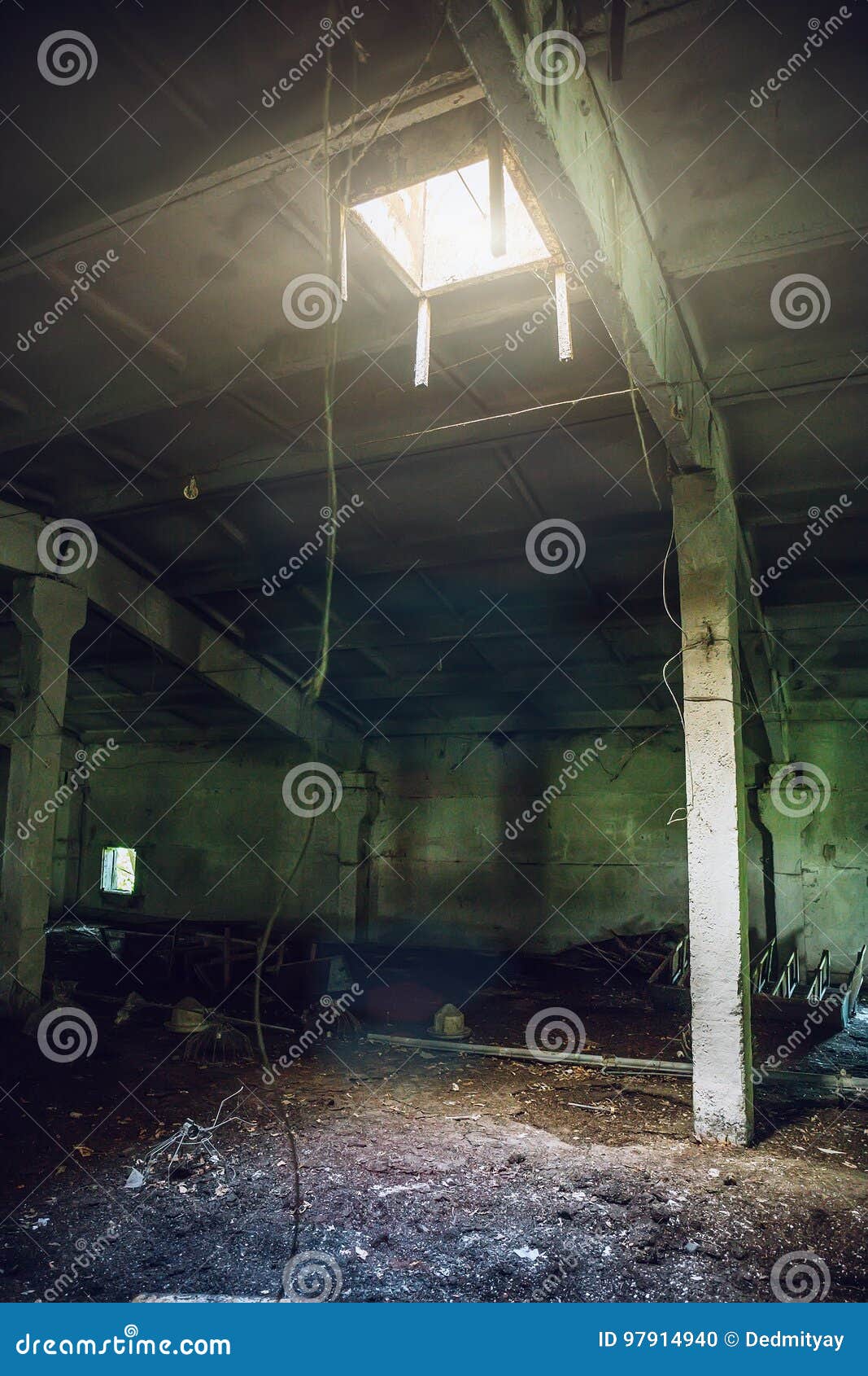 Big Dark Empty Abandoned Warehouse Room with Window in the Ceiling and ...