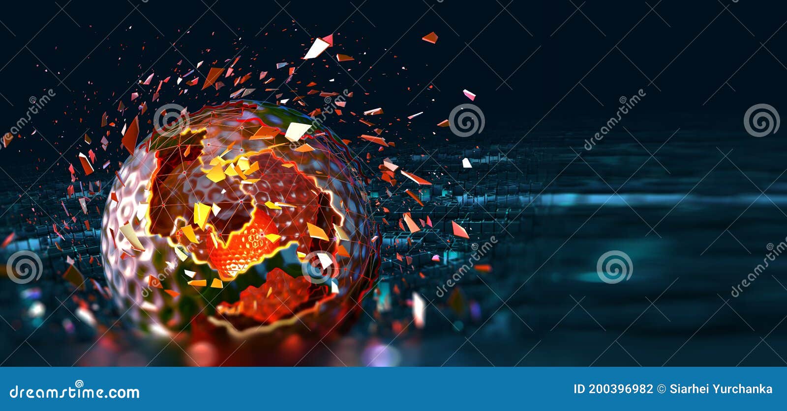 Abstract Cyberspace With A Hacked Array Of Binary Data, Explosion With Rays Of Light, Blown-up ...