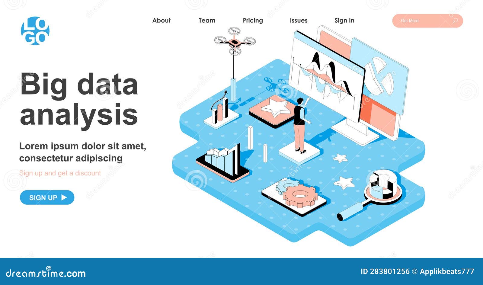 Big Data Analysis Isometric Concept. Analyst Presents Report of ...