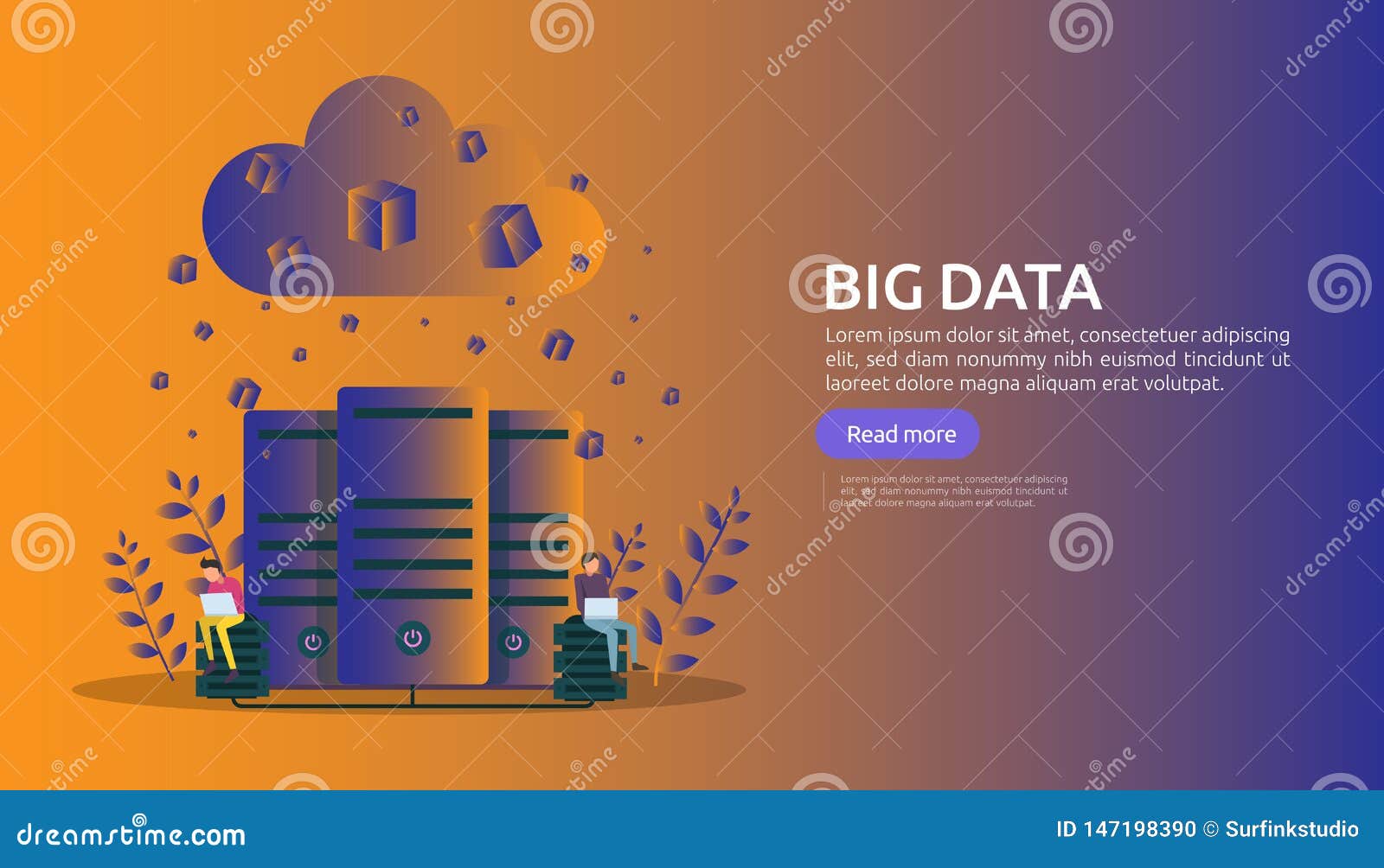 Big Data and Analysis Processing Concept Landing Page Template. Cloud Database Service, Server ...