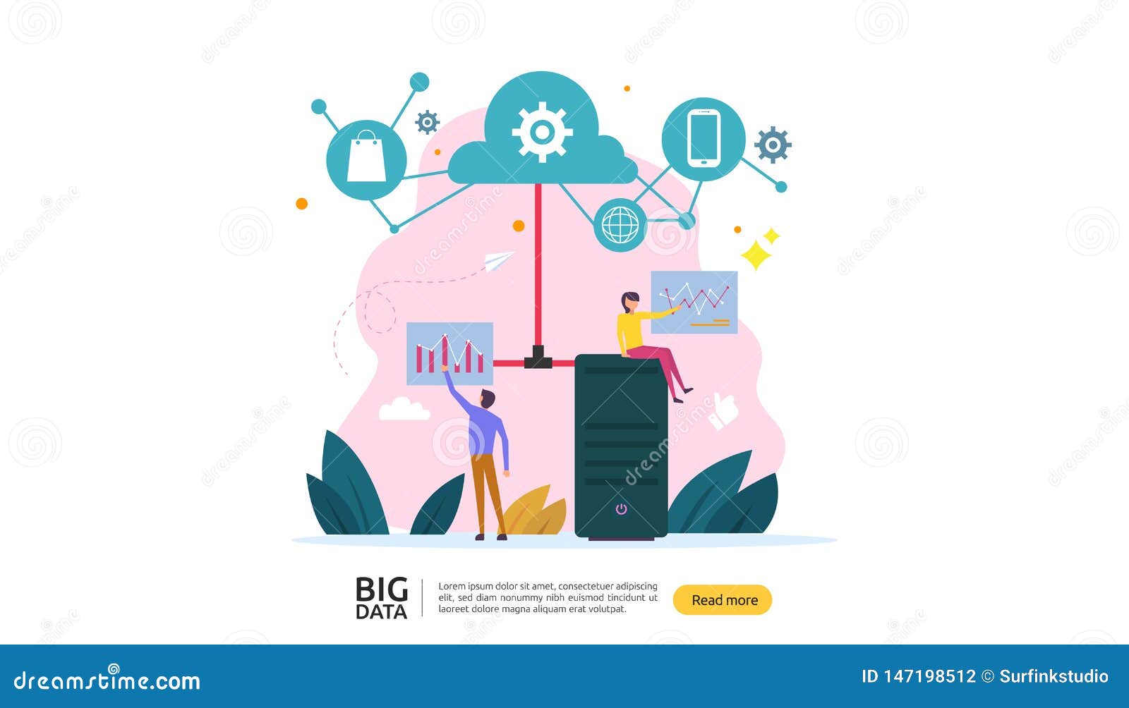 Big Data and Analysis Processing Concept Landing Page Template. Cloud Database Service, Server ...