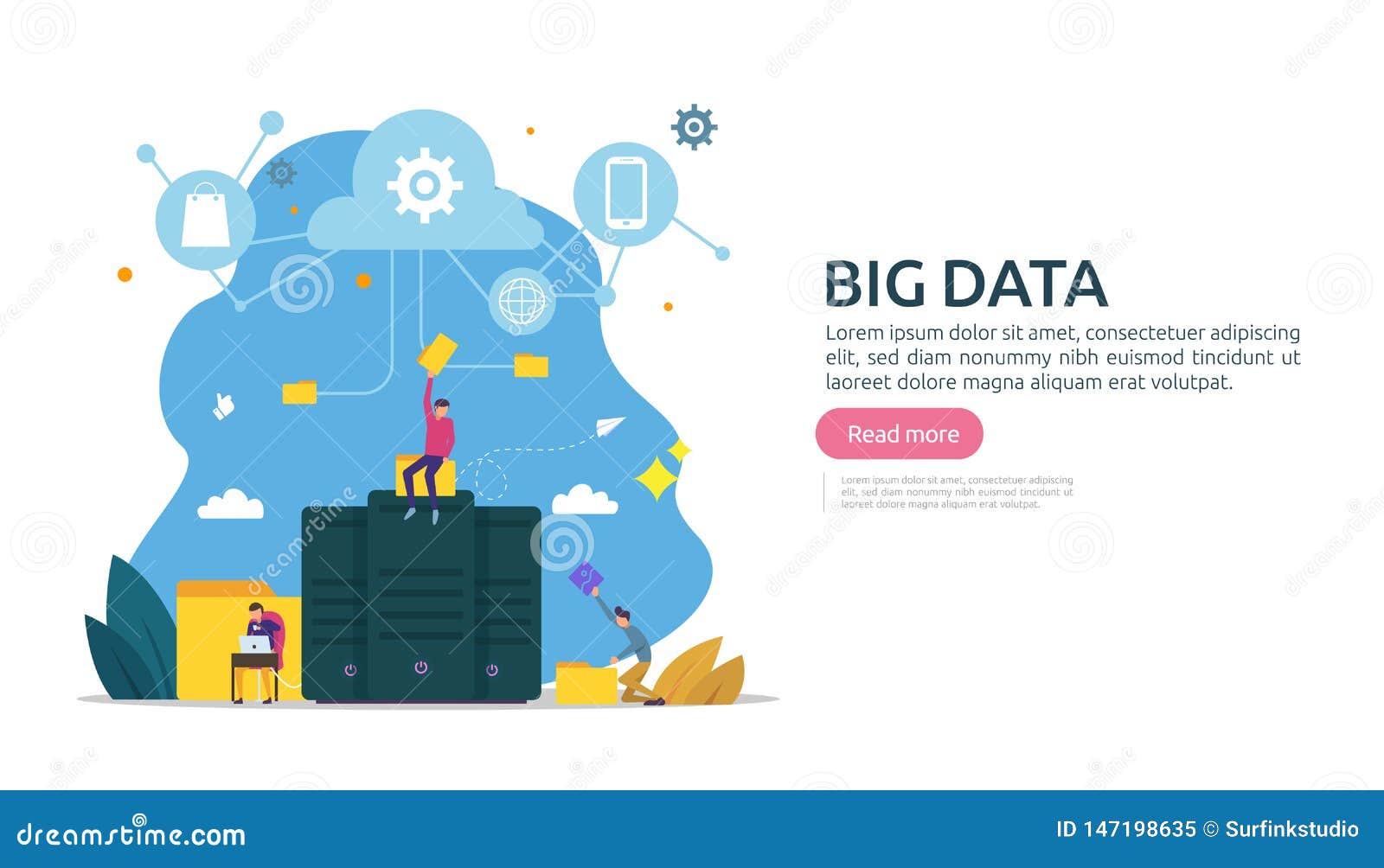 Big Data and Analysis Processing Concept Landing Page Template. Cloud Database Service, Server ...