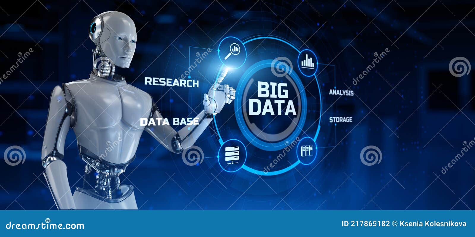 Big Data Analysis Technology Concept. Robot Pressing Button on Screen ...