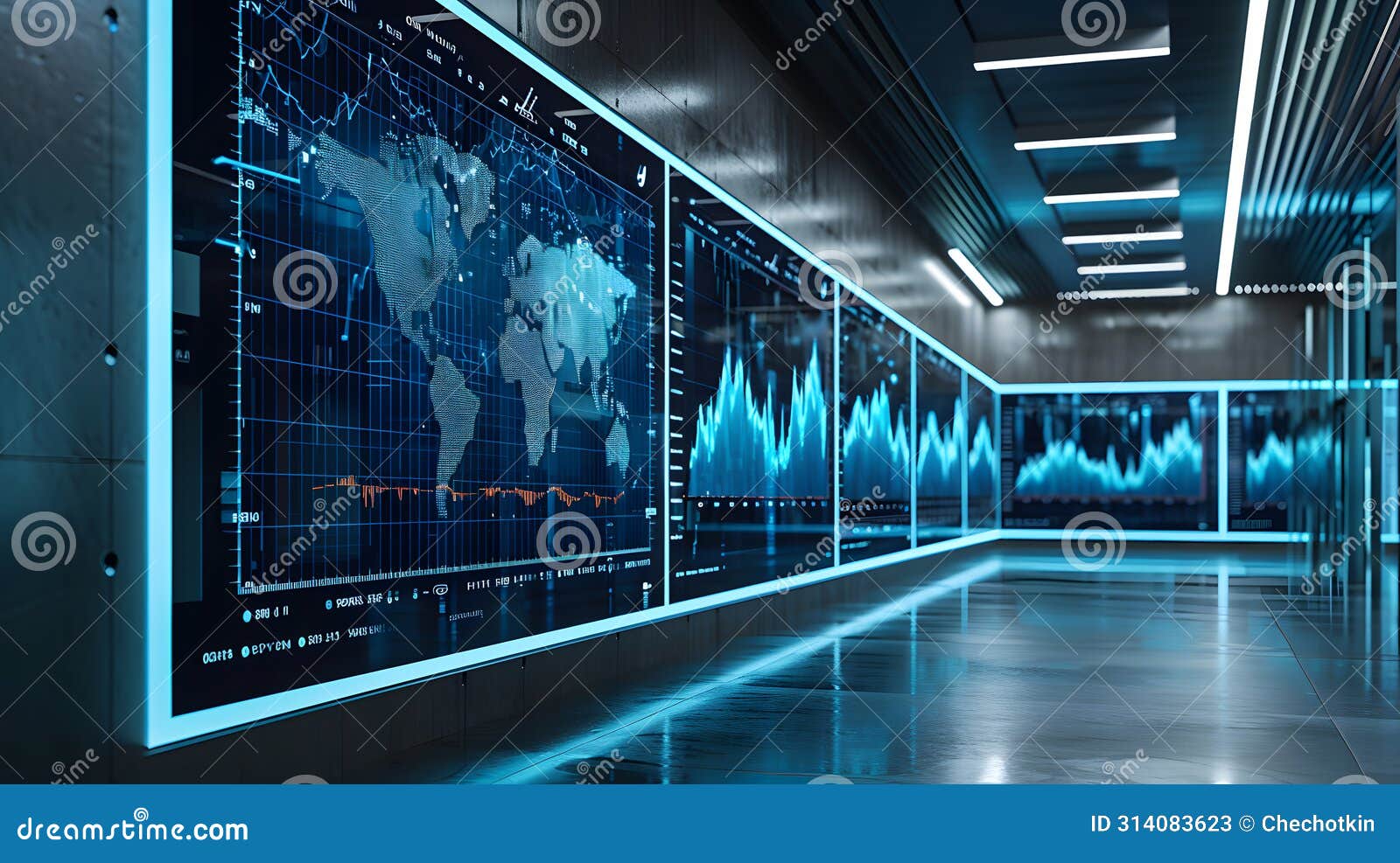 Big Data Analytical Center Screens with Graphs on the Walls, Generative ...