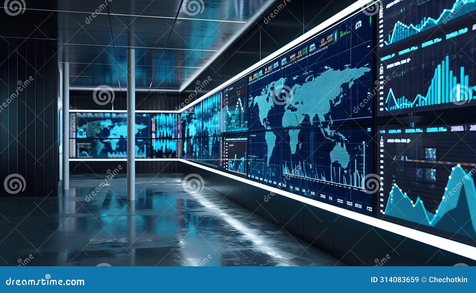 Big Data Analytical Center Screens with Graphs on the Walls, Generative ...