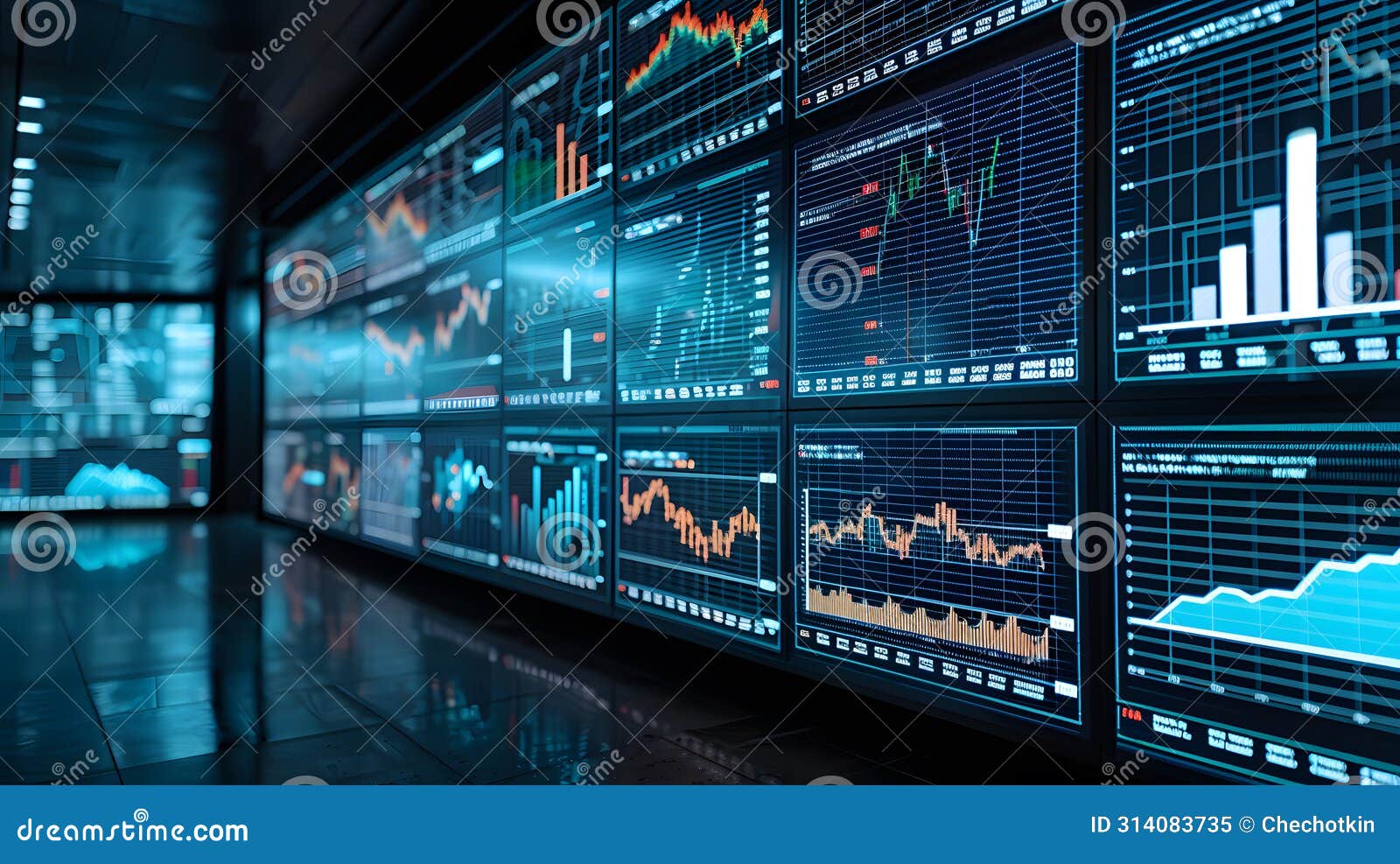 Big Data Analytical Center Screens with Graphs on the Walls, Generative ...