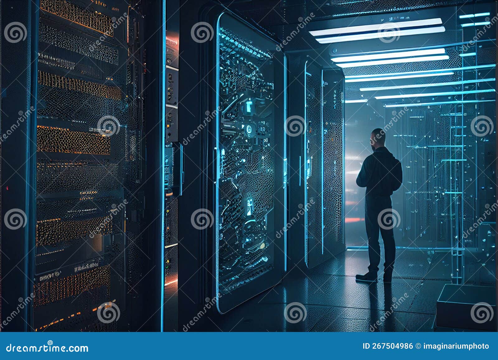 Big Data Center Engineer Checking Activity in Warehouse Data Center and ...