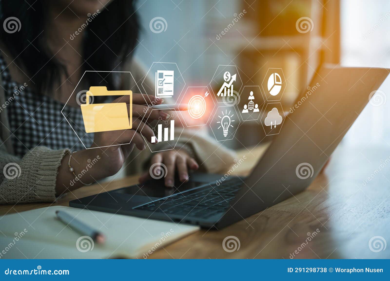 Big Data Clouds Computing Database, Document Management System, Business Woman Use Digital Pen ...