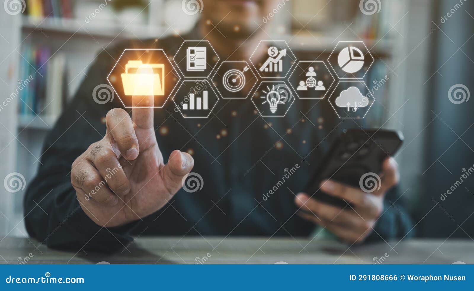 Big Data Clouds Computing Database Document Management System, Businessman Hold Mobile Use ...