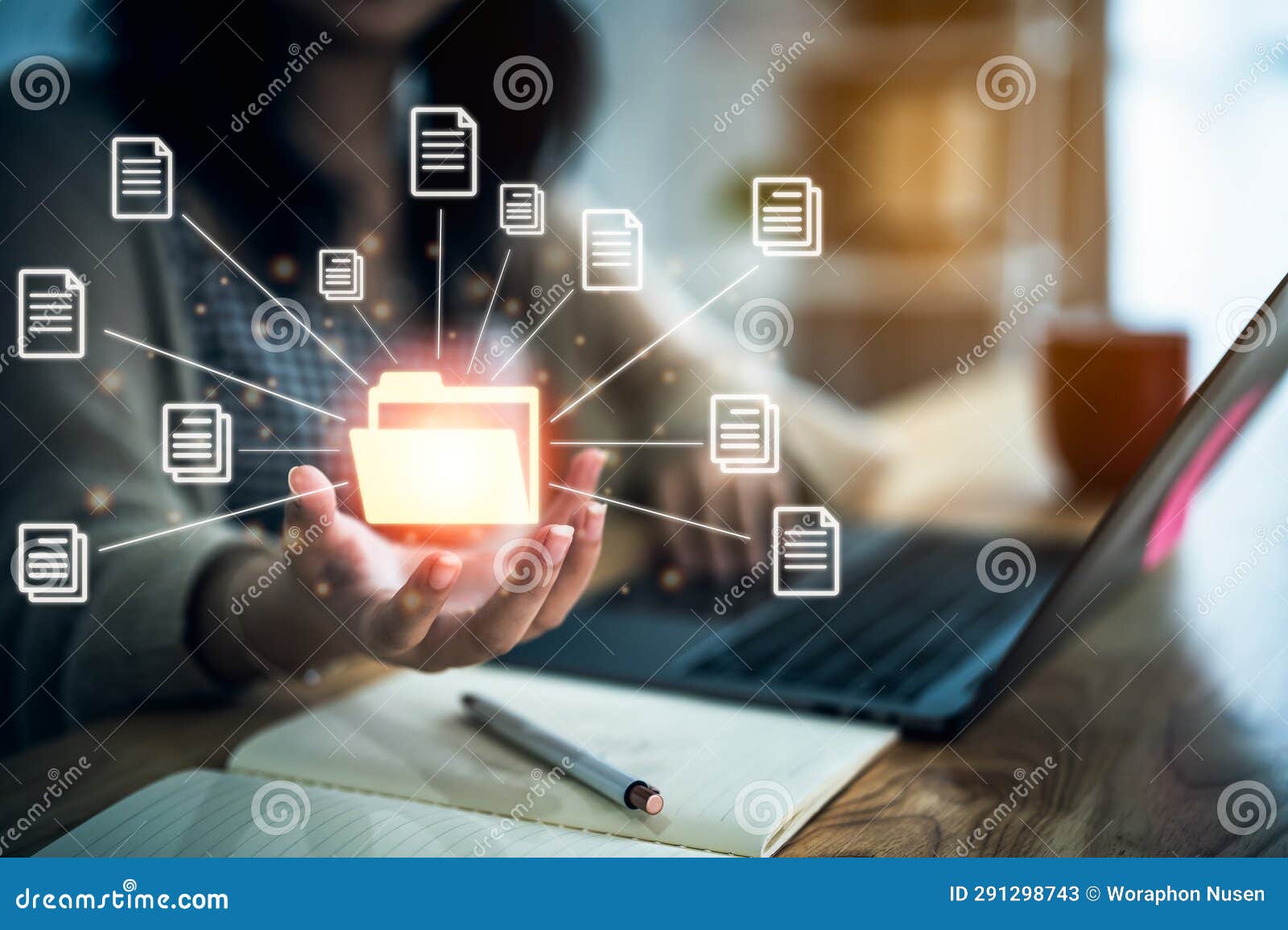 Big Data Clouds Computing Database, Document Management System Concept, Business Woman Use Hand ...