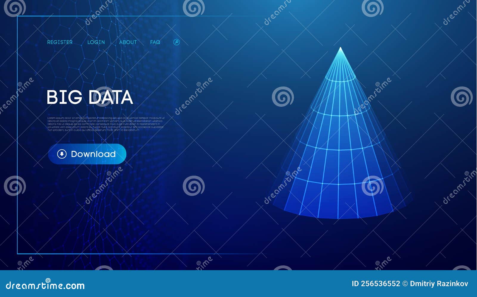 Big Data Cone Blue Technology Background. Digital Wireframe Grid ...