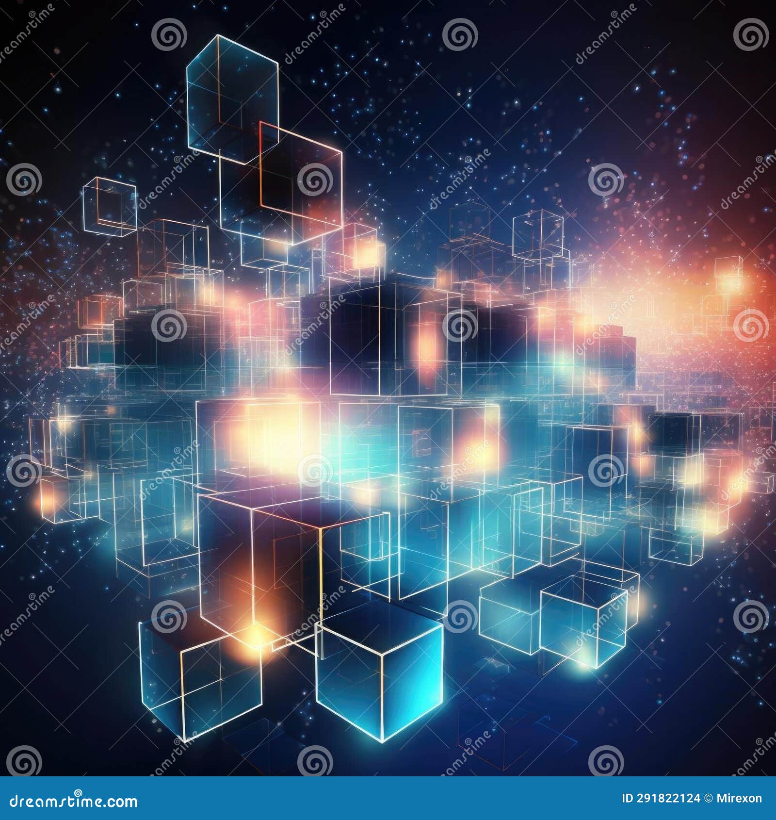 Big Data Cube Made of Glowing Particles. Isometric Bright Box with ...