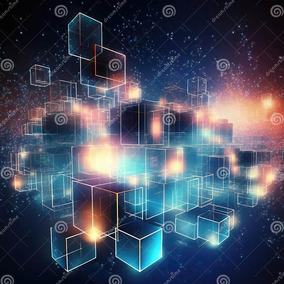Big Data Cube Made of Glowing Particles. Isometric Bright Box with ...