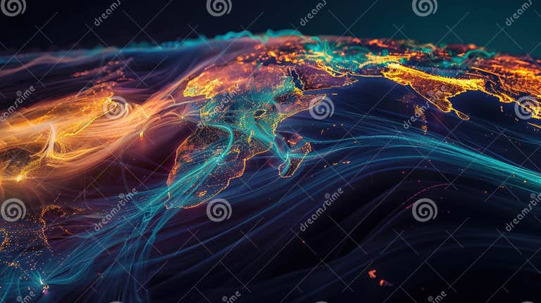 Big Data Flowing Around Illuminated World Map, Visualizing Global Networks Stock Image - Image ...