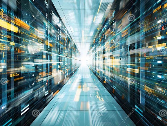 Big Data Flowing through Servers in Datacenter Corridor Stock Image ...
