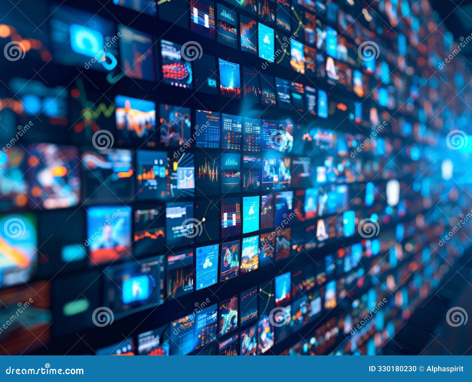 Big Data Information Stream Flowing On Multiple Screens Showing Charts ...