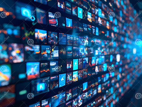 Big Data Information Stream Flowing on Multiple Screens Showing Charts ...